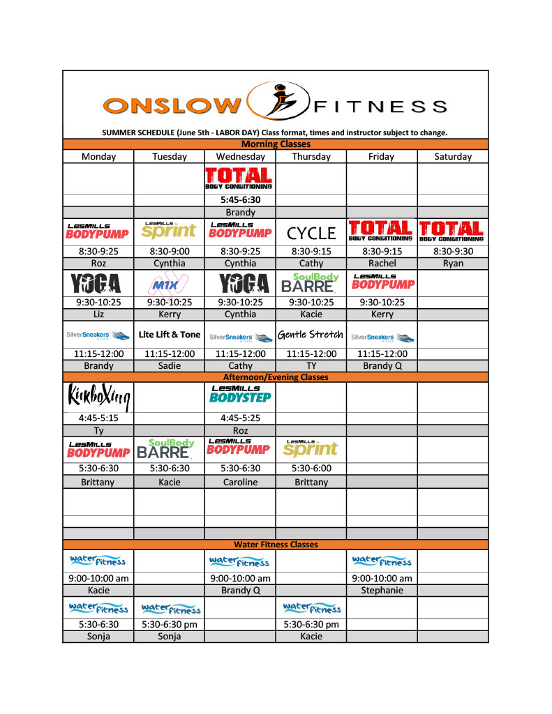 Group Fitness Class Schedule | Onslow Fitness in Jacksonville