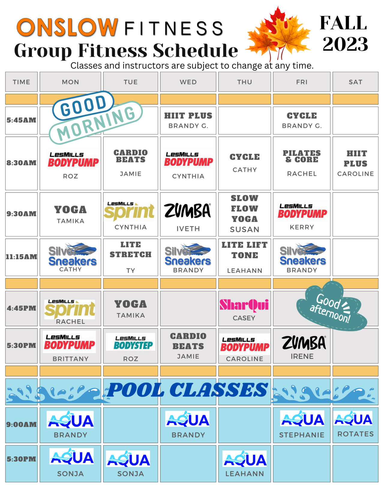 Group Fitness Class Schedule | Onslow Fitness in Jacksonville